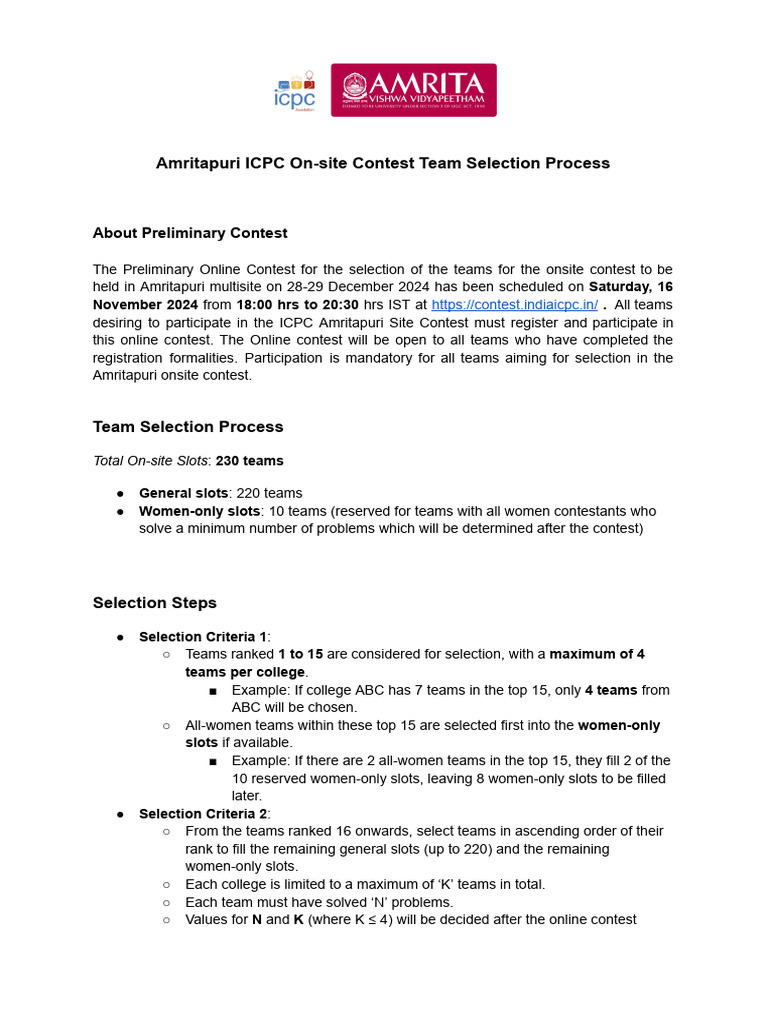 Amritapuri ICPC Contest Team Selection Guide | PDF