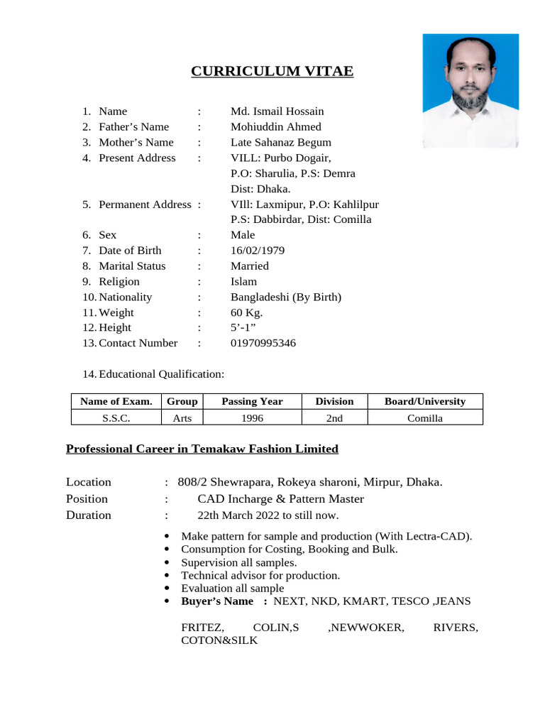 Md. Ismail Hossain CV: Pattern Master | PDF