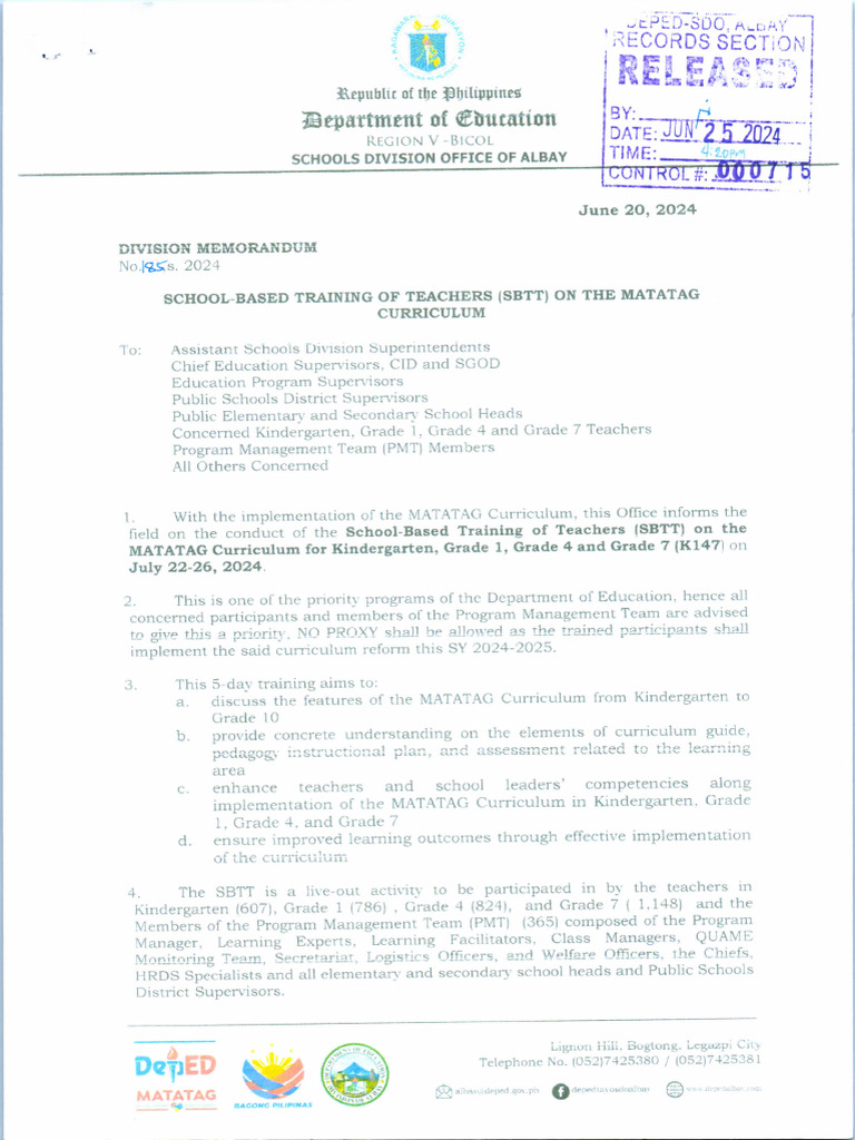 DM 185 S. 2024 School Based Training of Teacher SBTT On The Matatag ...