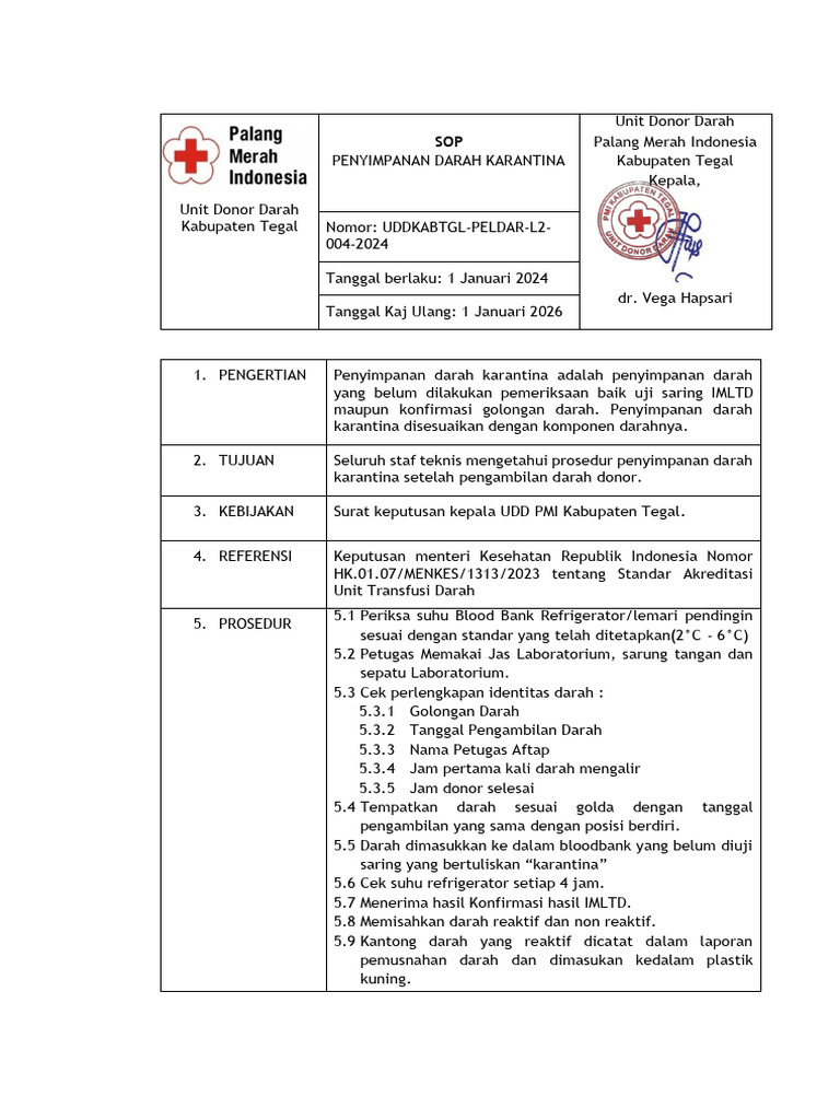SOP Penyimpanan Darah Karantina | PDF