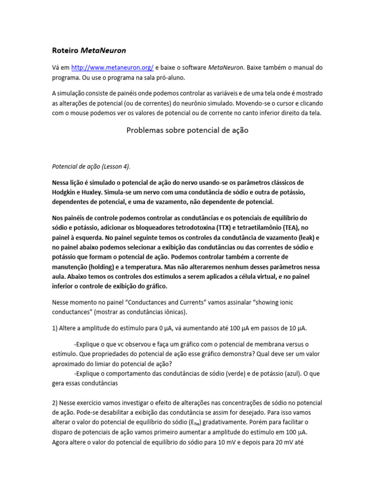 Roteiro MetaNeuron PA 22 | PDF | Potencial de ação | Fisiologia