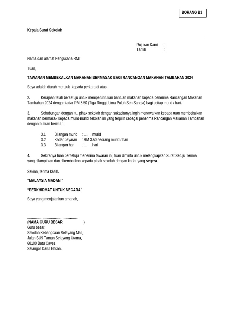 Surat Tawaran Membekal RMT | PDF