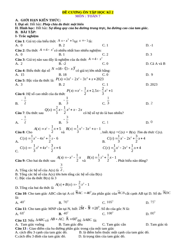 De Cuong On Tap HK2 Toan 7 CD | PDF