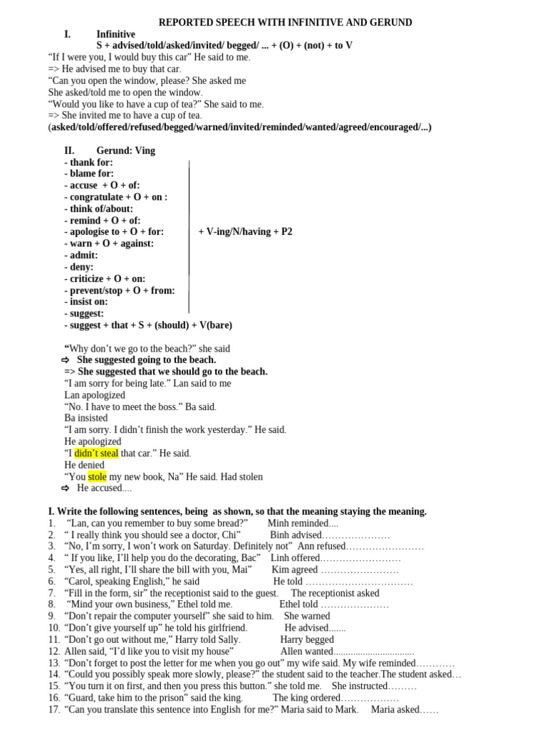 Reported Speech With Infinitive | PDF