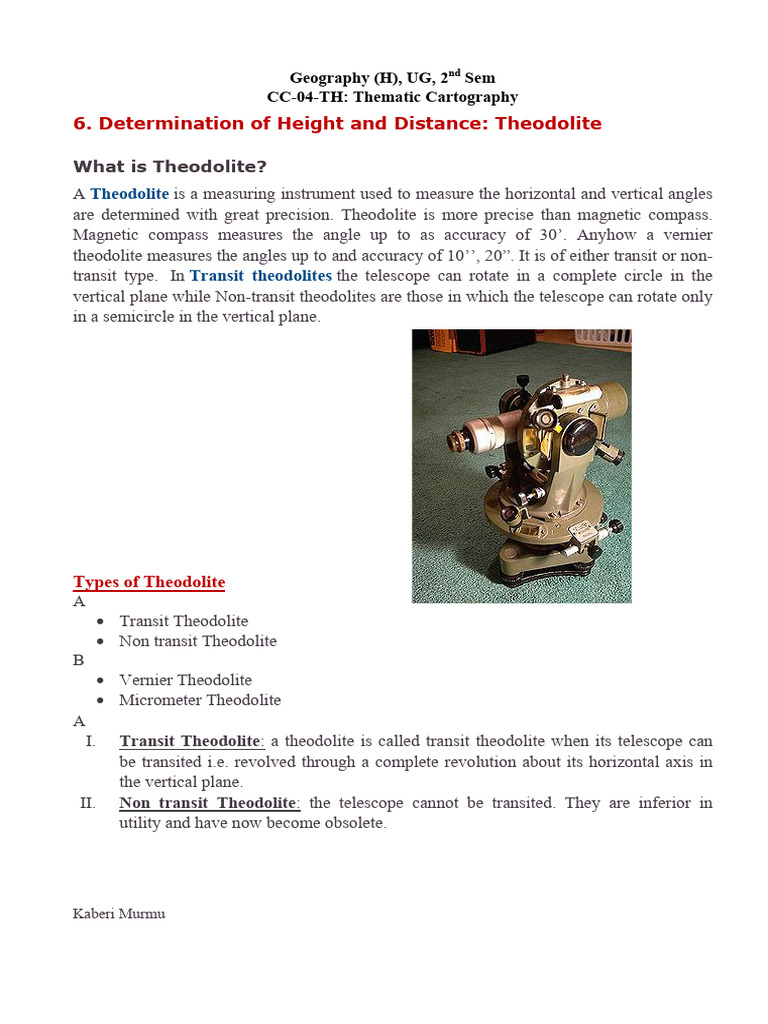 Theodolite: Types, Uses, and Adjustments | PDF | Surveying | Metrology