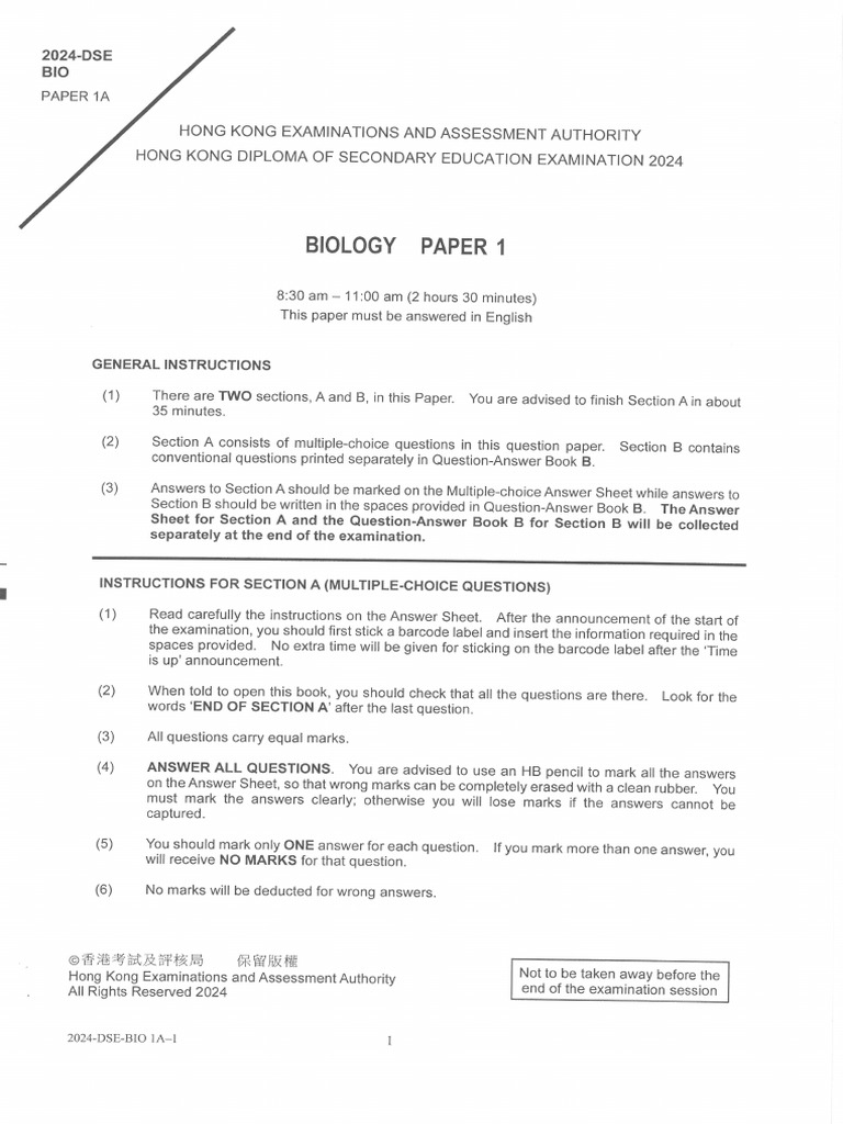 2024 Bio Paper 1A | PDF