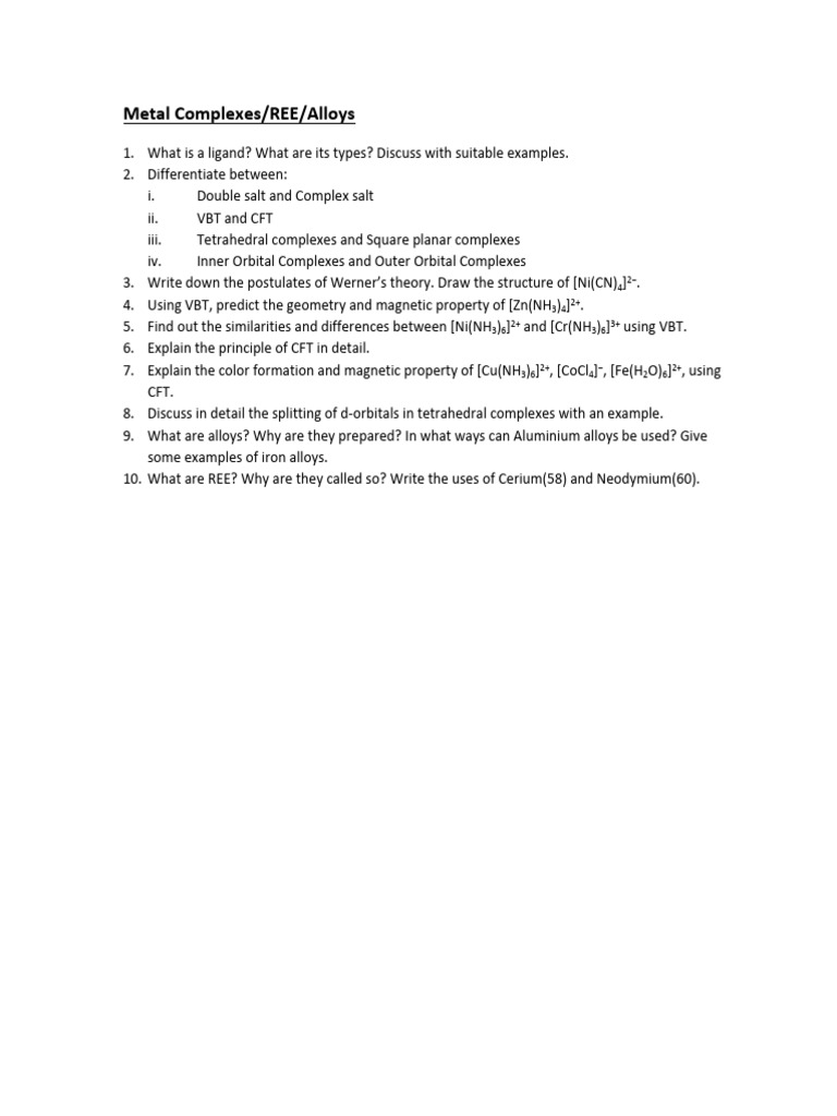Metal Complexes assignment | PDF