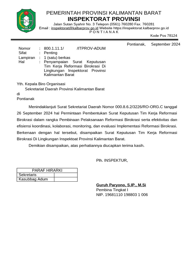 SURAT PENGANTAR SK TIM KERJA RB | PDF