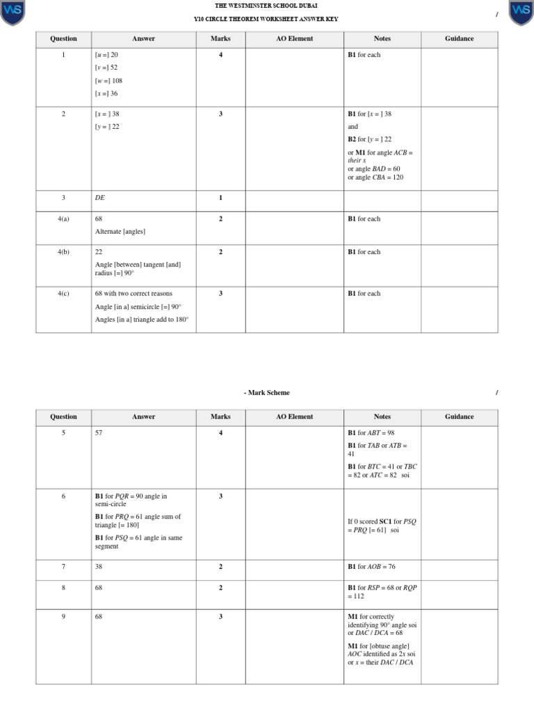 Circle Theorem Worksheet Answer Key Y10 | PDF | Triangle | Trigonometry