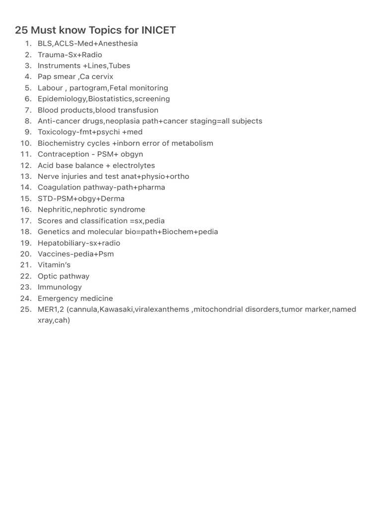 25 Must know Topics for INICET | PDF