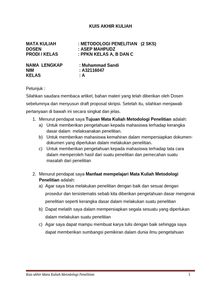 KUIS UAS MK Penelitian Pendidikan Kls A B Dan C PPKn2016 | PDF