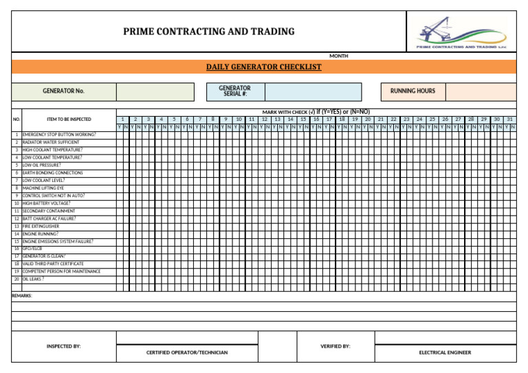 PRI-HSE-FRM-068 DAILY-GENERATOR-CHECKLIST | PDF