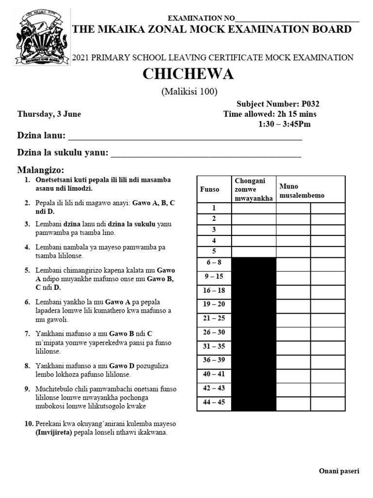 2021 Mkaika Zone Chichewa Mock-1 | PDF