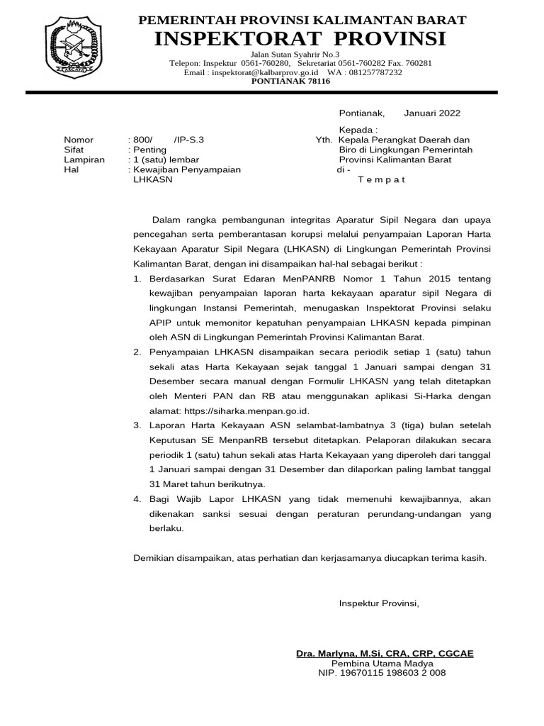 Surat Kewajiban Pelaporan LHKASN | PDF