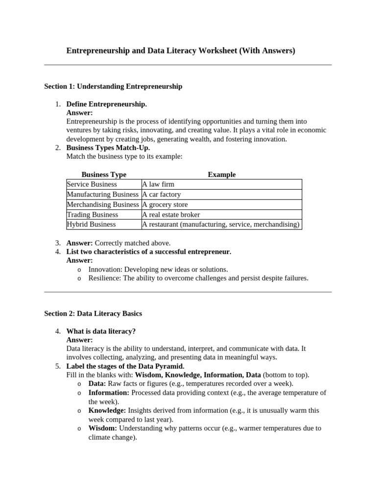 Entrepreneurship and Data Literacy Worksheet | PDF | Entrepreneurship ...