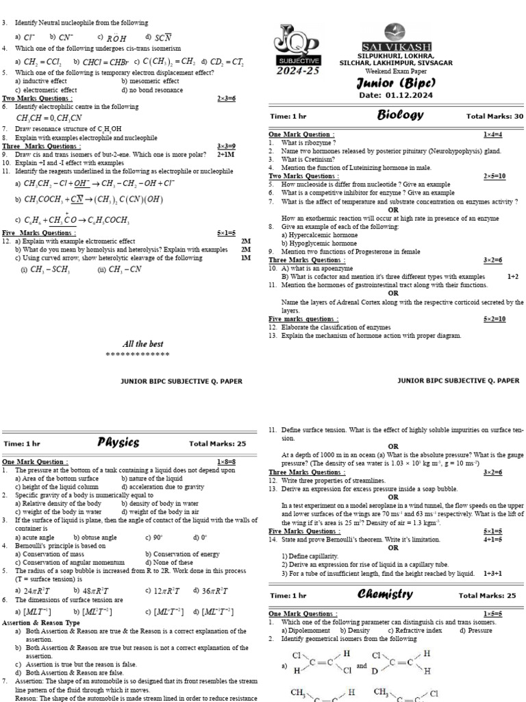 JUNIOR (BIPC) SUB Q.P (01.12.24) | PDF | Mechanics | Physical Quantities
