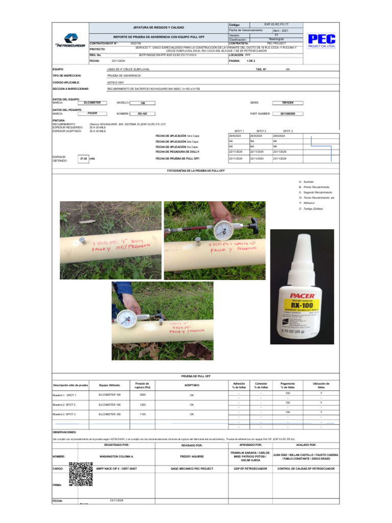 Prueba de Adherencia EXP.03.RC - Fo.77 003-010 PAG1-1 - Firmado | PDF | Materiales | Sector ...