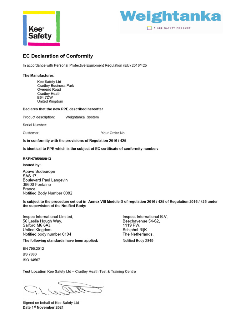 Ec Declaration Weightanka English Apave | PDF