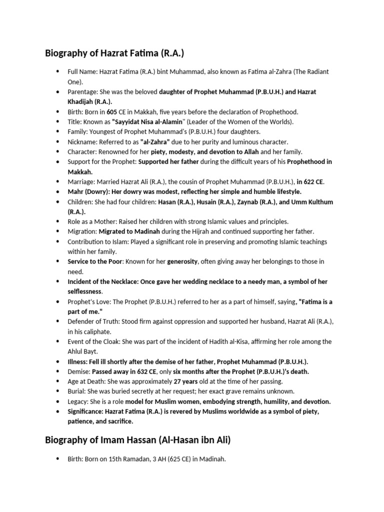 Biography of Hz. Fatima, Hassan, Hussain, Abu Bakar and His ...