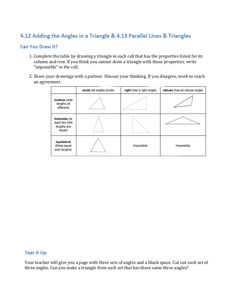 4.12 Adding The Angles in A Triangle & 4.13 Parallel Lines & Triangles | PDF | Triangle ...