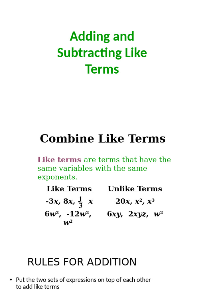 Adding and Subtracting Like Terms | PDF | Abstract Algebra | Algebra