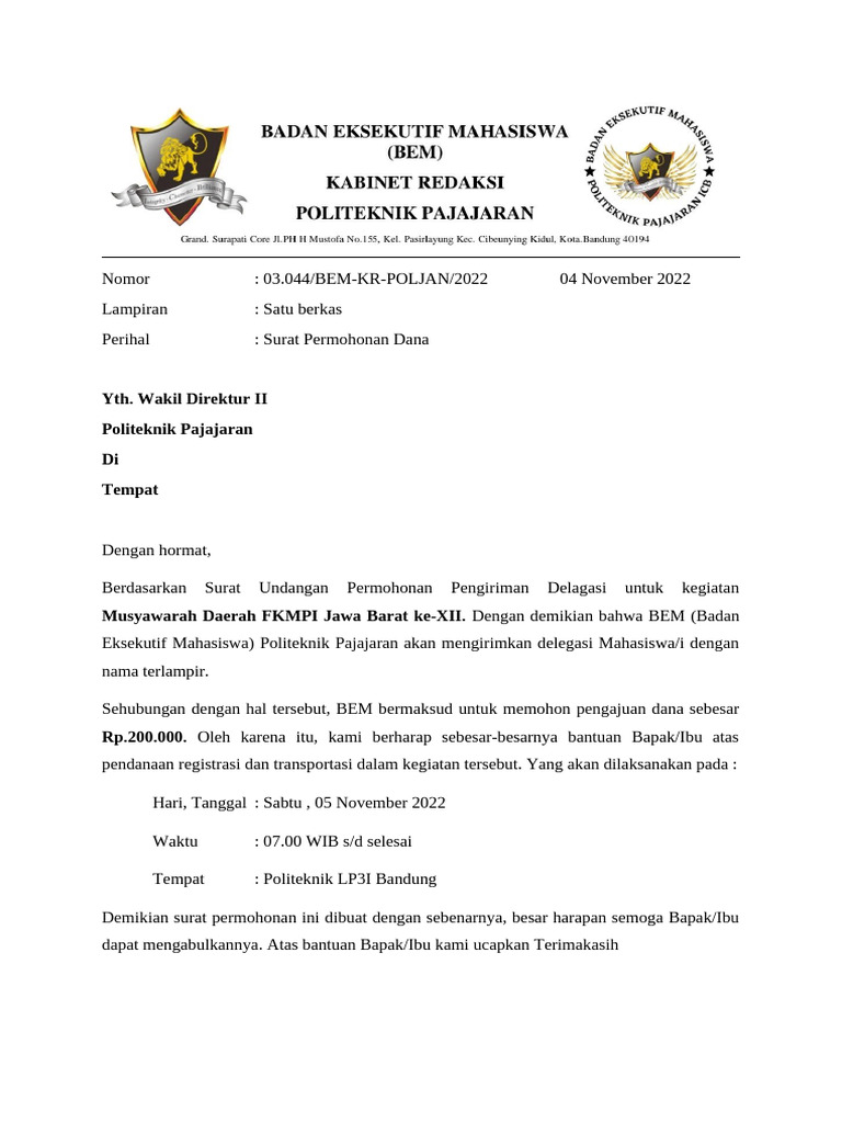 045 Surat Permohonan Dana MUSDA FKMPI | PDF