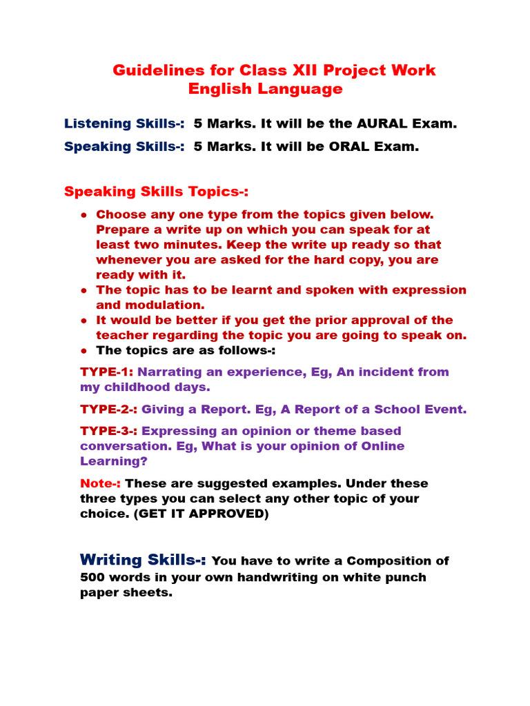 Guidelines For Class XII English Language 2024-25 Project Work | PDF