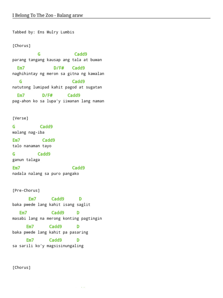 i Belong to the Zoo - Balang Araw Chords | PDF