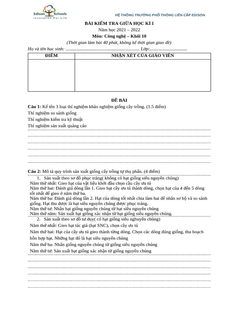 BKT - CÔNG NGHỆ - 10 - GKI - 21.22 | PDF