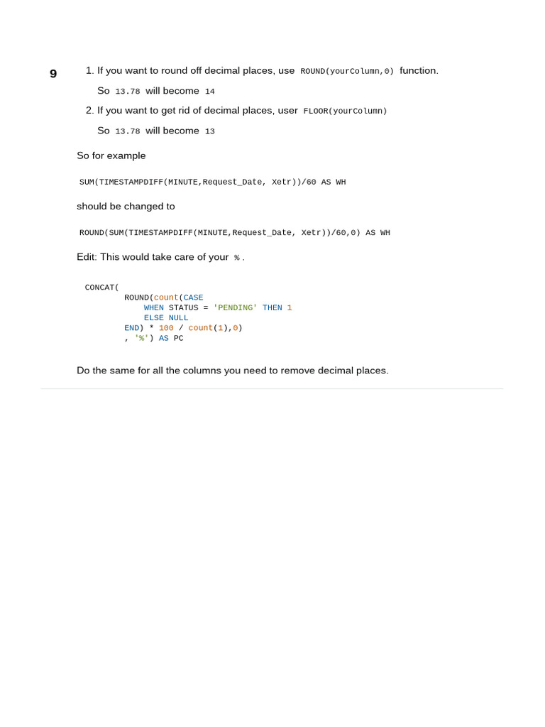 SQL - How To Remove Decimal Digit From Result in Mysql - Stack Overflow | PDF