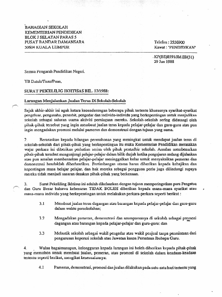 Surat Pekeliling Ikhtisas Bil 12 Tahun 1988 Larangan Menjalankan Jualan ...