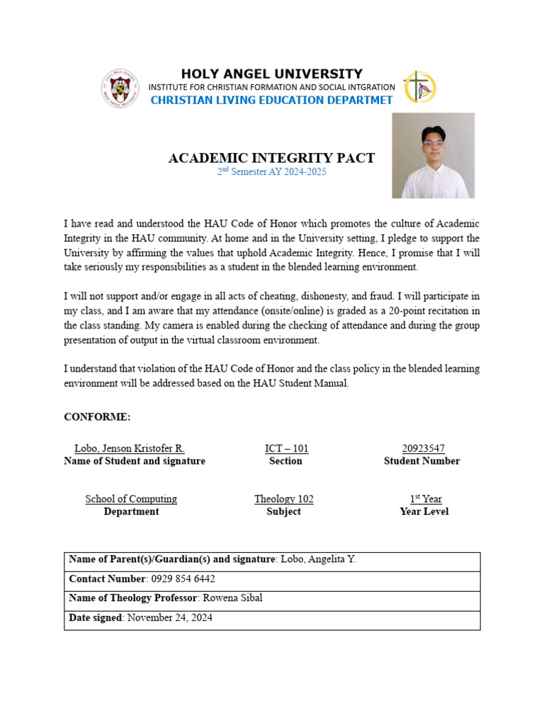 Academic Integrity Pledge - 2nd Sem SY 2024-2025 | PDF