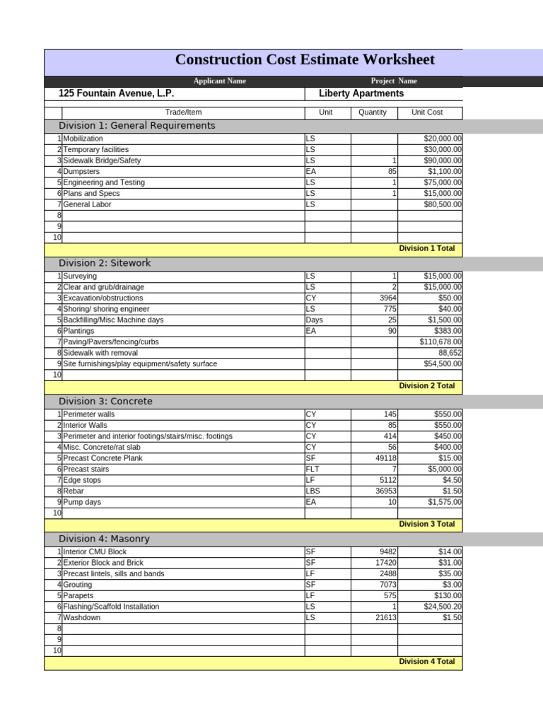 Construction Cost Estimate Worksheet | PDF | Building Engineering ...