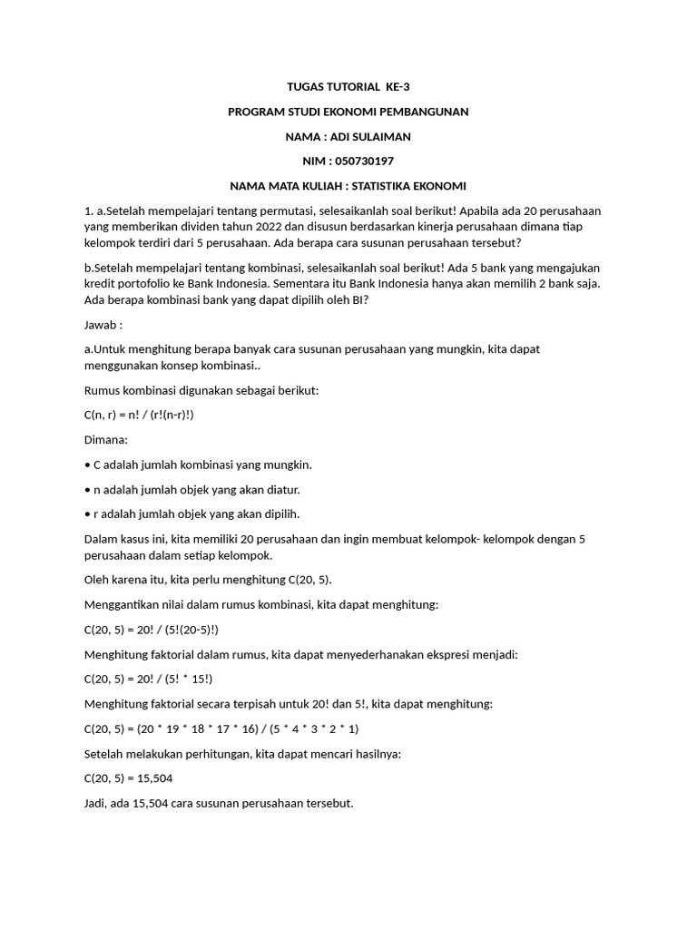 TUGAS TUTORIAL KE-3 Statistika Ekonomi | PDF