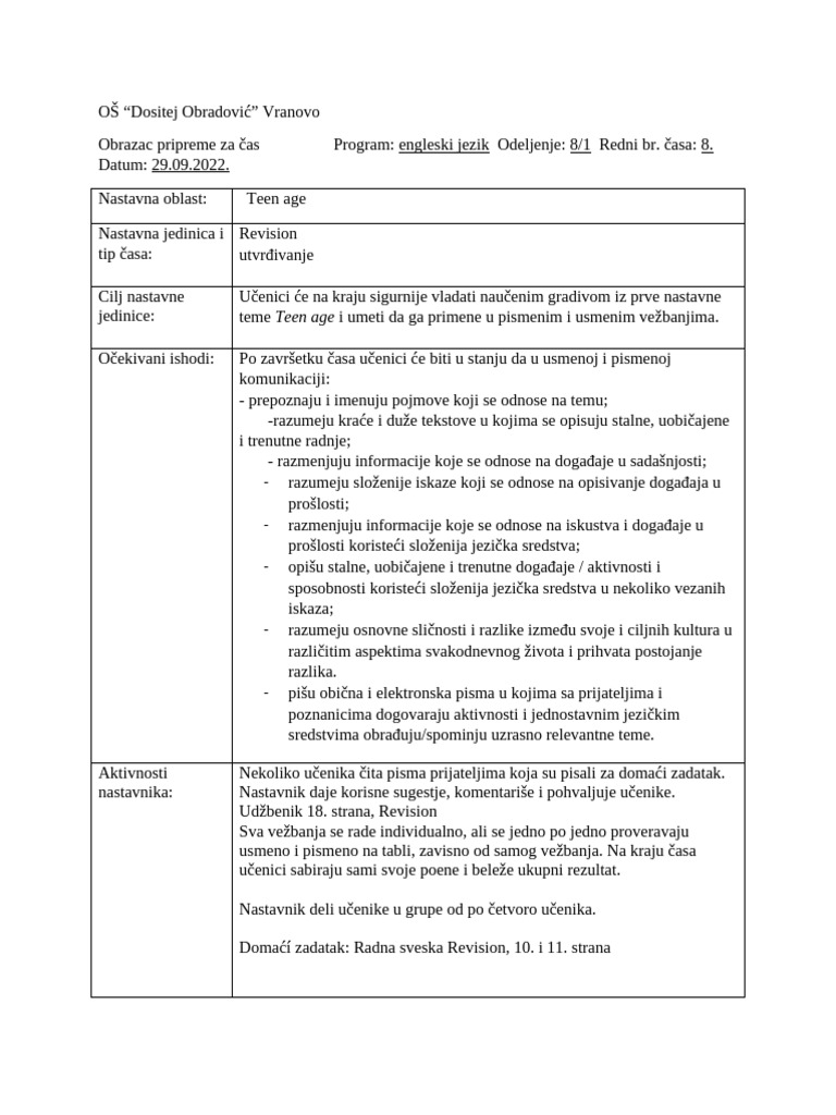 Priprema 8-1 8. Čas | PDF