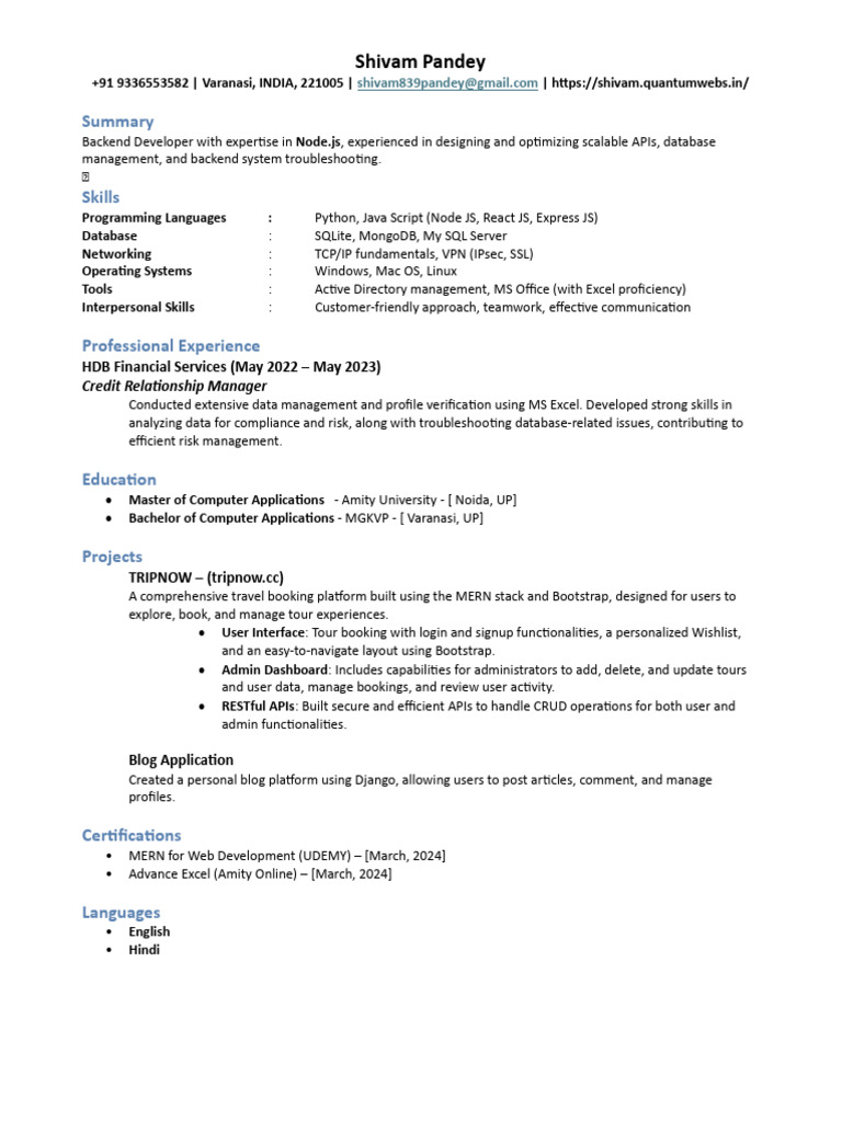 Shivam Pandey Backend Developer Resume | PDF