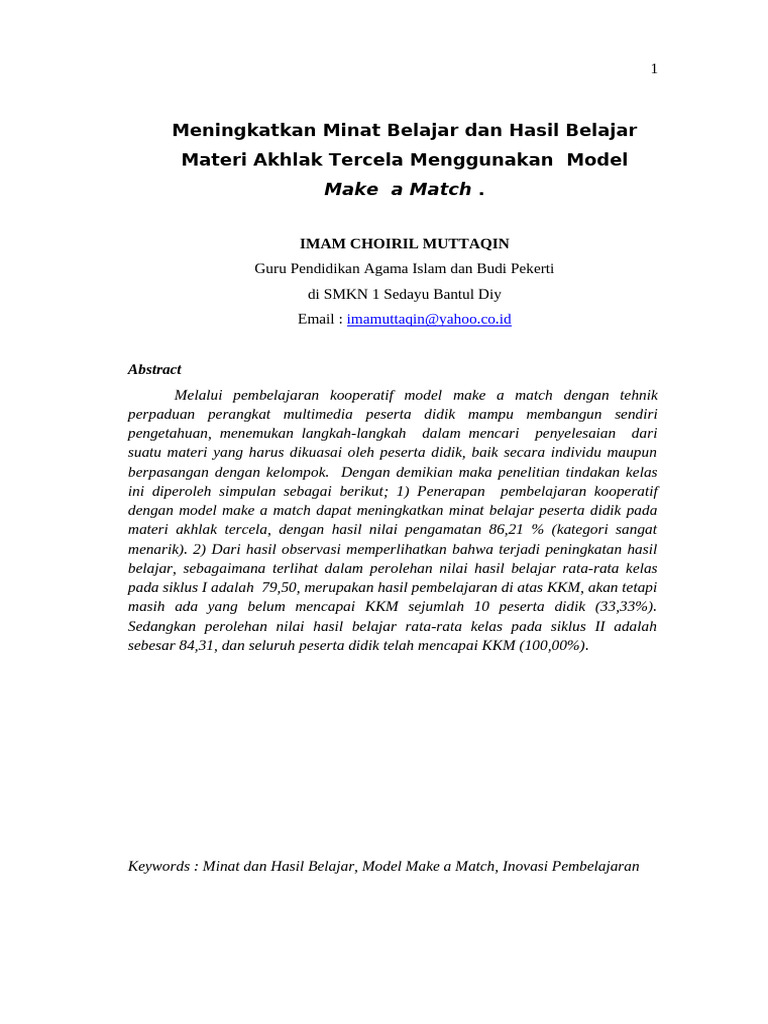 Meningkatkan Minat Belajar Dan Hasil Belajar Materi Akhlak Tercela Menggunakan Model Make A ...