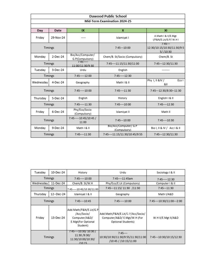 Mid Term Time Table 2024 | PDF | Science | Liberal Arts Education