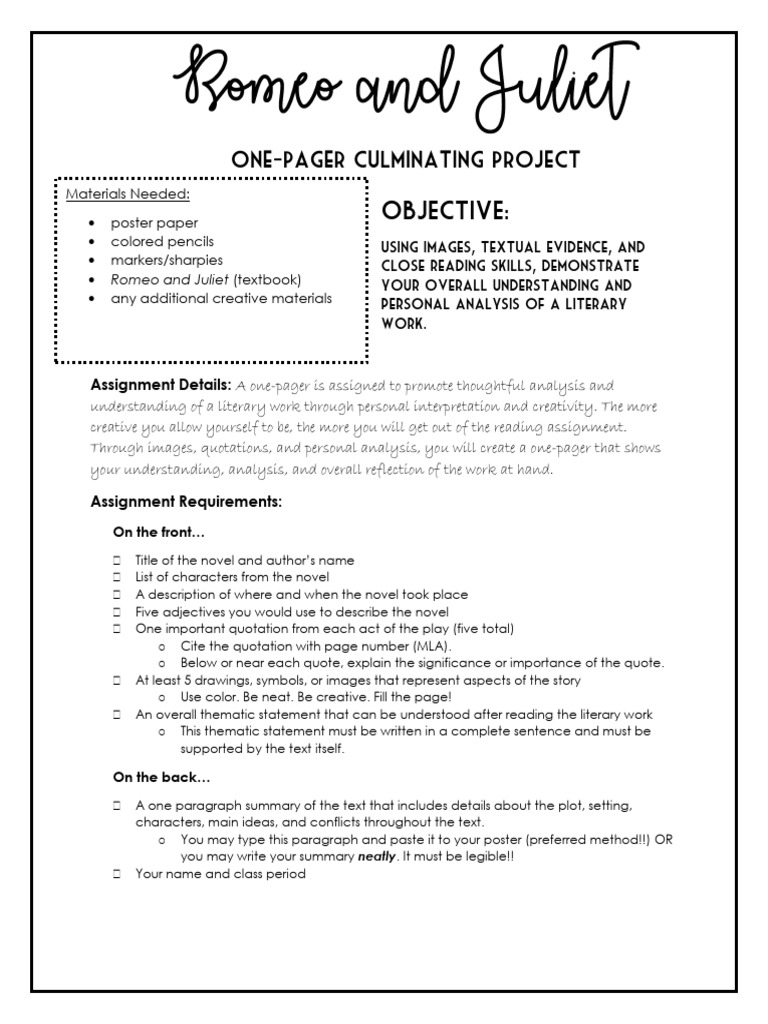 Romeo and Juliet One-Pager Guide | PDF