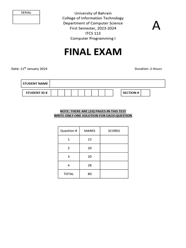 Itcs 113 Final S1 2023 - 2024 Fa | PDF | Method (Computer Programming ...