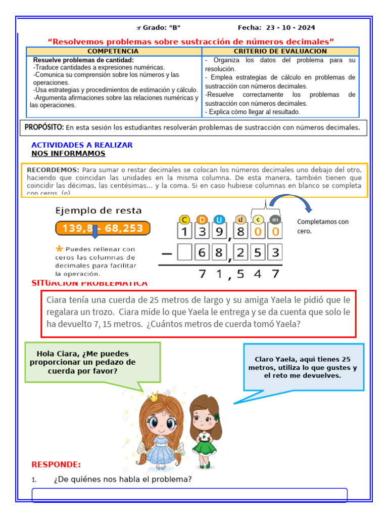 FICHA MATEMATICA Resolvemos Problemas Sobre Sustracción de Números ...
