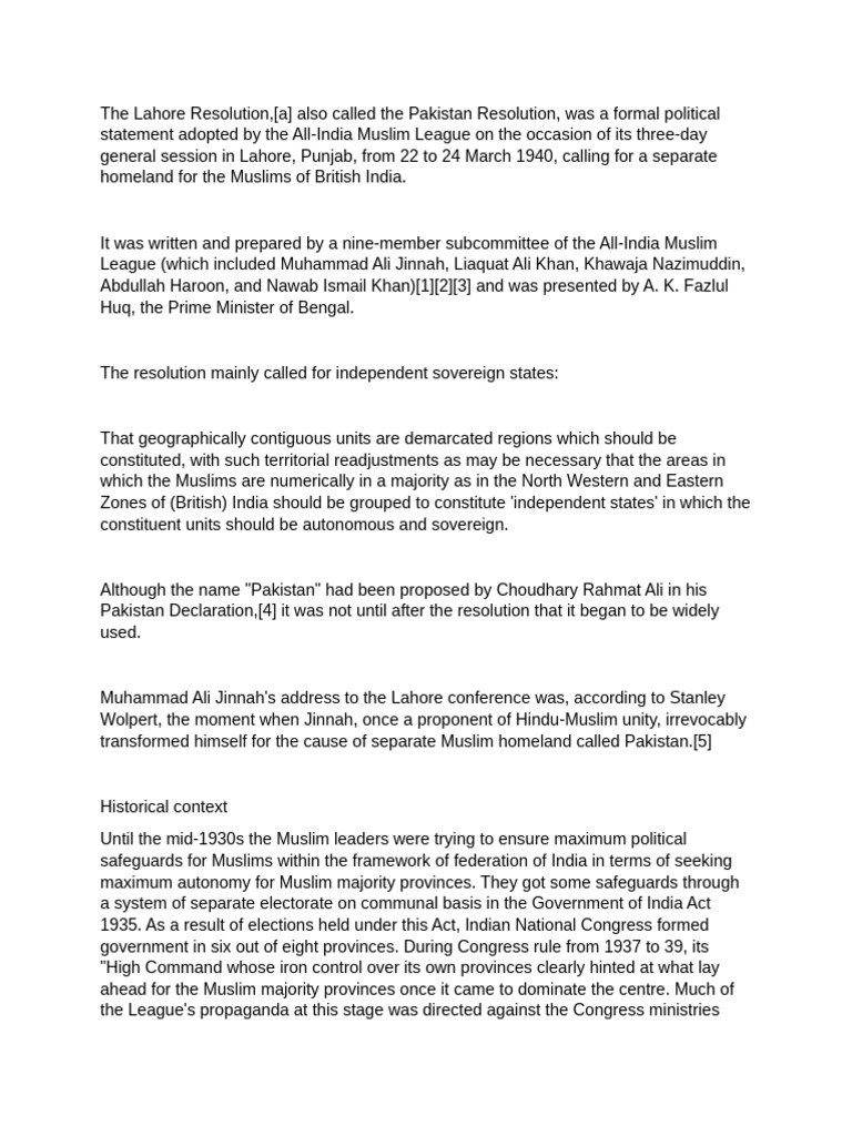 The Lahore Resolution | PDF | South Asia | Politics Of Pakistan