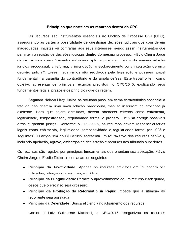 Trabalho1- Princípios que norteiam os recursos dentro do CPC.docx | PDF | Processo civil ...