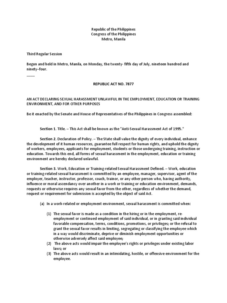 Republic Act 7877 - Anti-Sexual Harassment Act of 1995 | PDF | Sexual ...