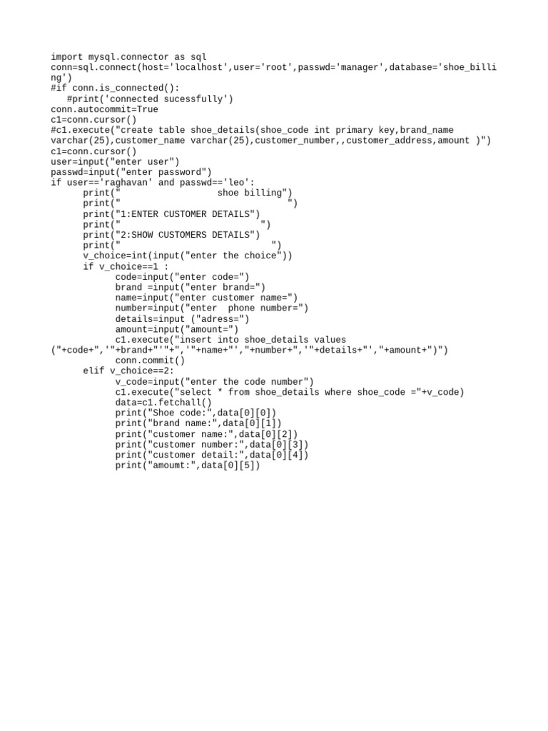 Shoe Billing System with MySQL Integration | PDF