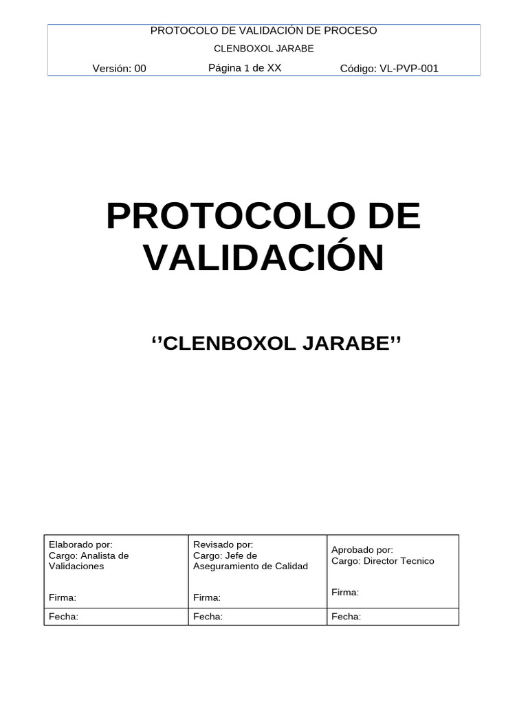 VL-PVP-001 Protocolo Validación Clenboxol - V00 1800L | PDF | Riesgo