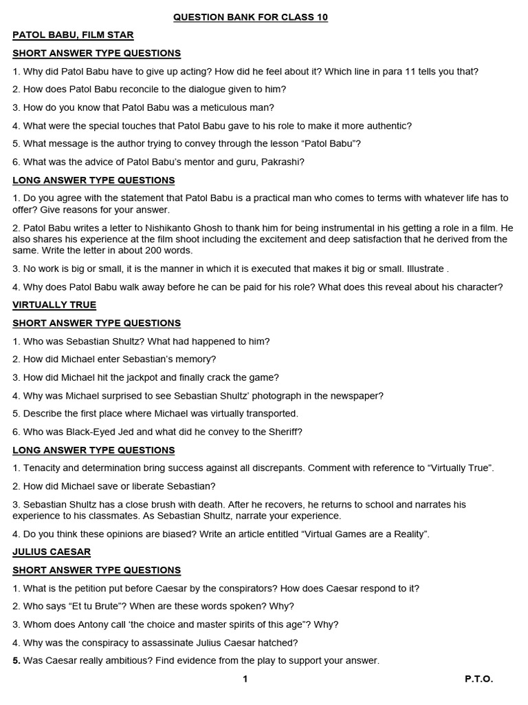 Class 10 Question Bank: Patol Babu & More | PDF | Julius Caesar