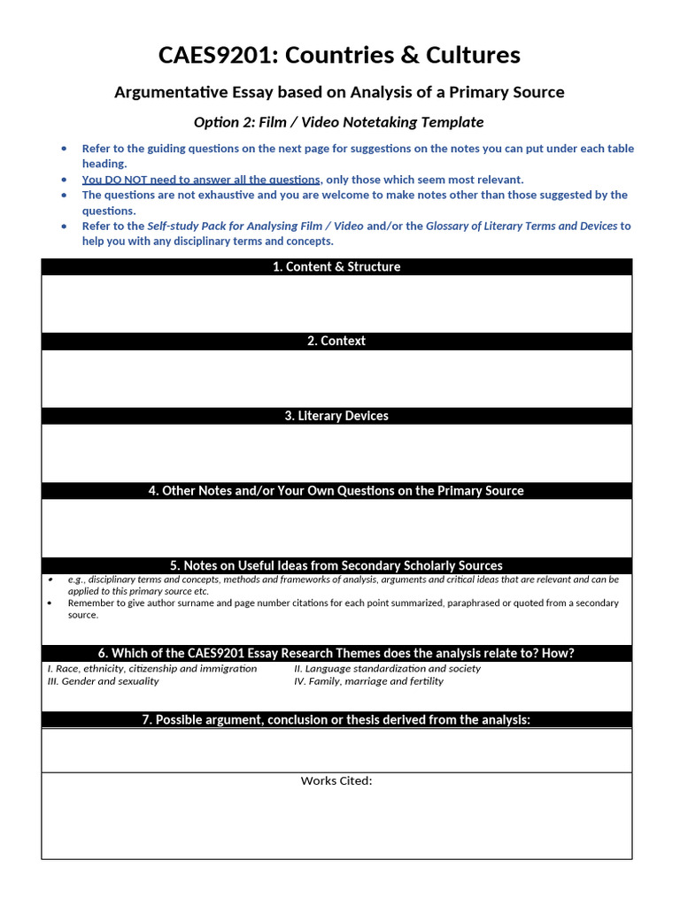 9201 AE PSA Opt 2 Film-Video NoteTakingTemplate 2024-25 Final | PDF ...