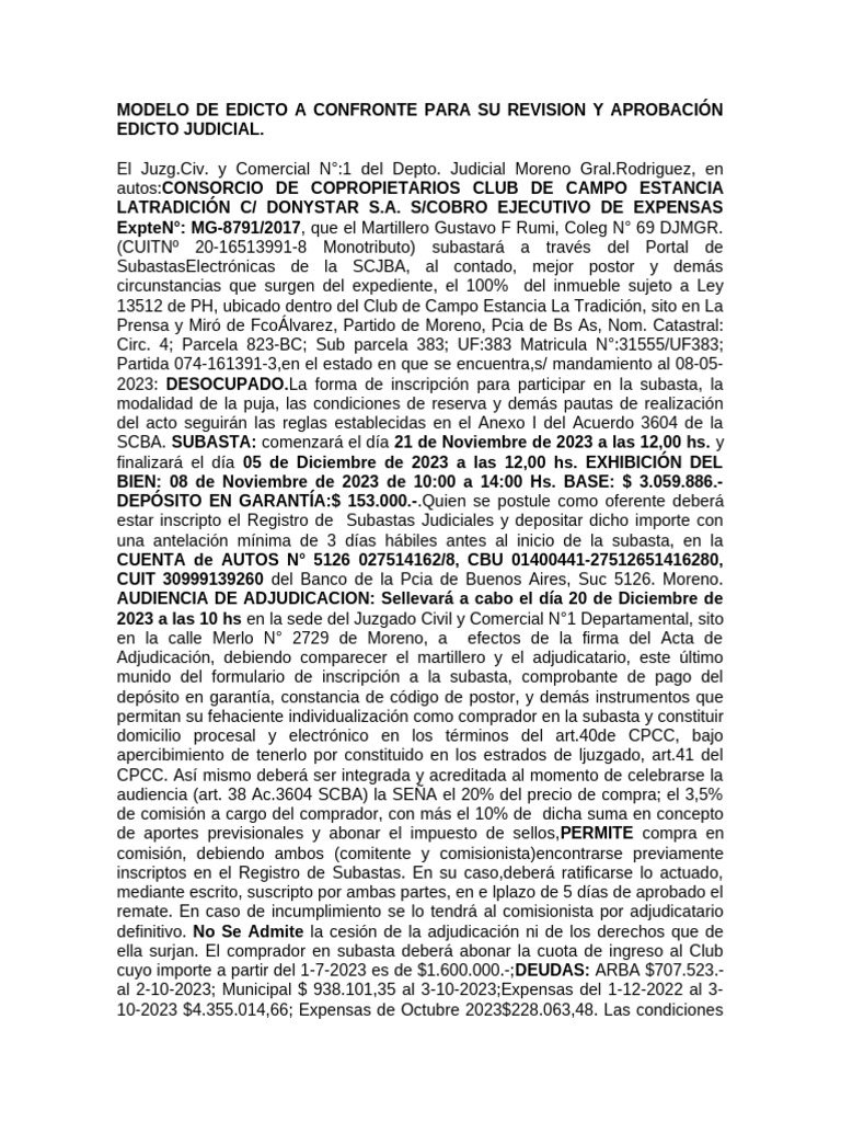 1 Modelo de Edicto A Confronte para Su Revision y Aprobación Edicto Judicial | PDF | Subasta