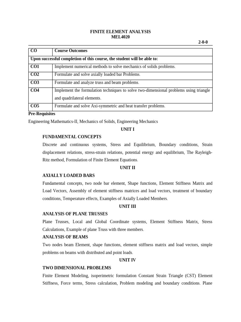B Tech FEM Syllabus PDF Finite Element Method Stress Mechanics 